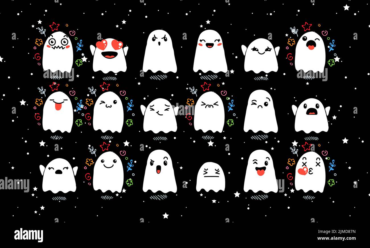 Set of Various Cartoon Ghosts with Emoticons. Doodle ghouls, eyes and ...