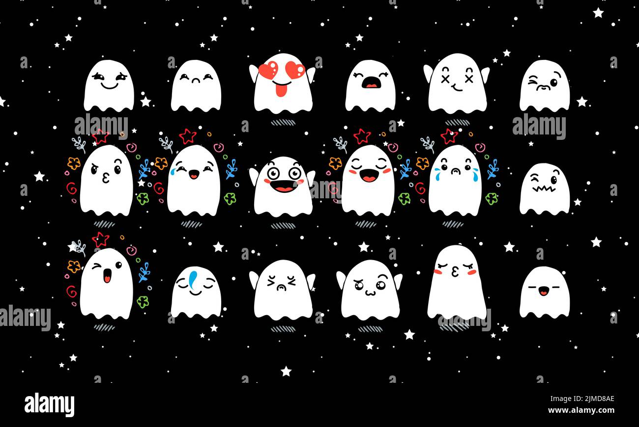 Set of Various Cartoon Ghosts with Emoticons. Doodle ghouls, eyes and ...