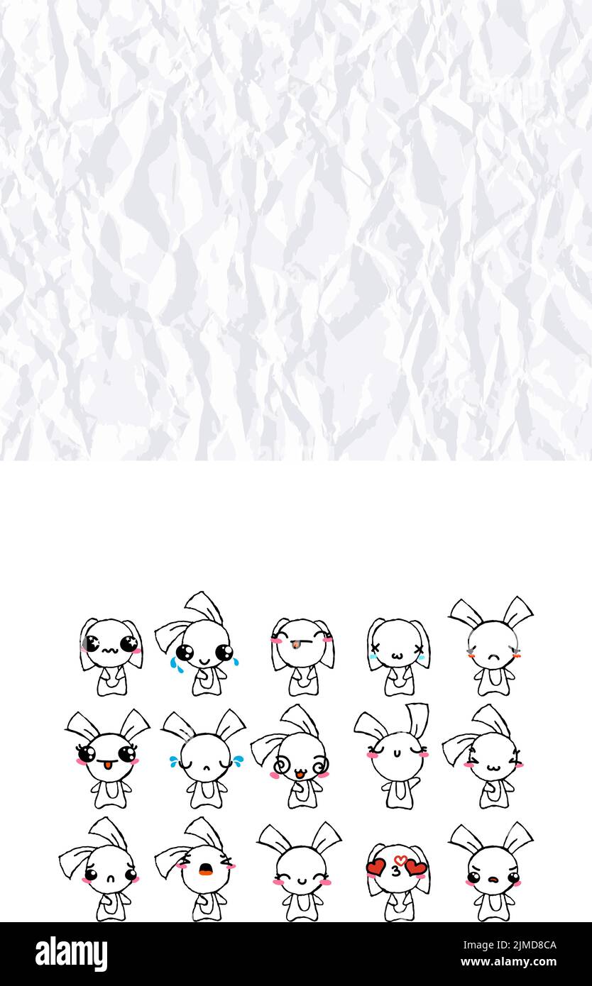 Set of Rustic Rabbits with Emoticons. Doodle faces, eyes and mouth ...