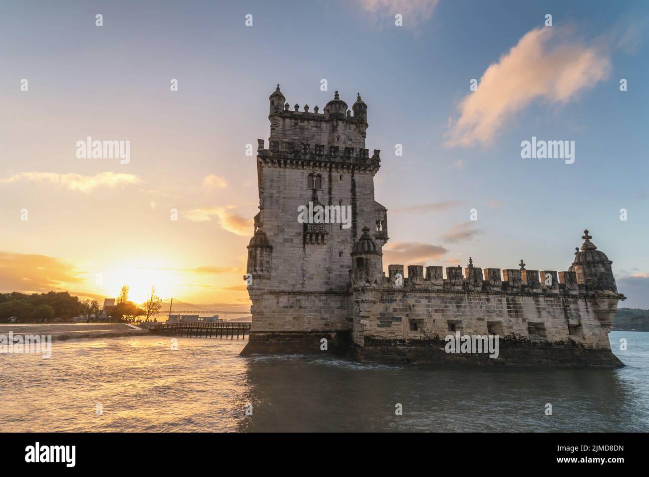 Lisbon Portugal sunrise city skyline at Belem Tower and Tagus River ...