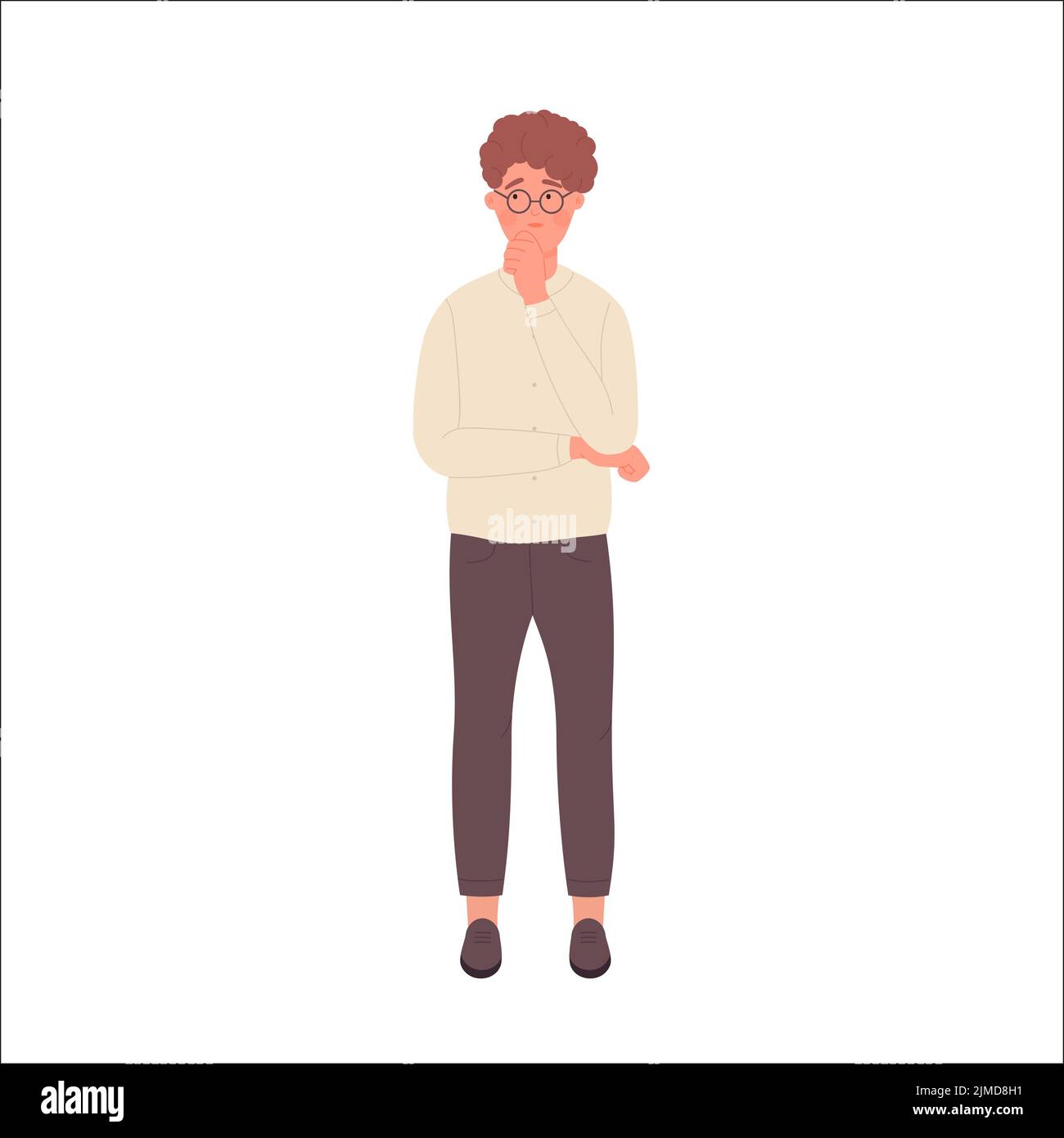 Nerd boy in thinking pose. Confused geek student teenager vector ...