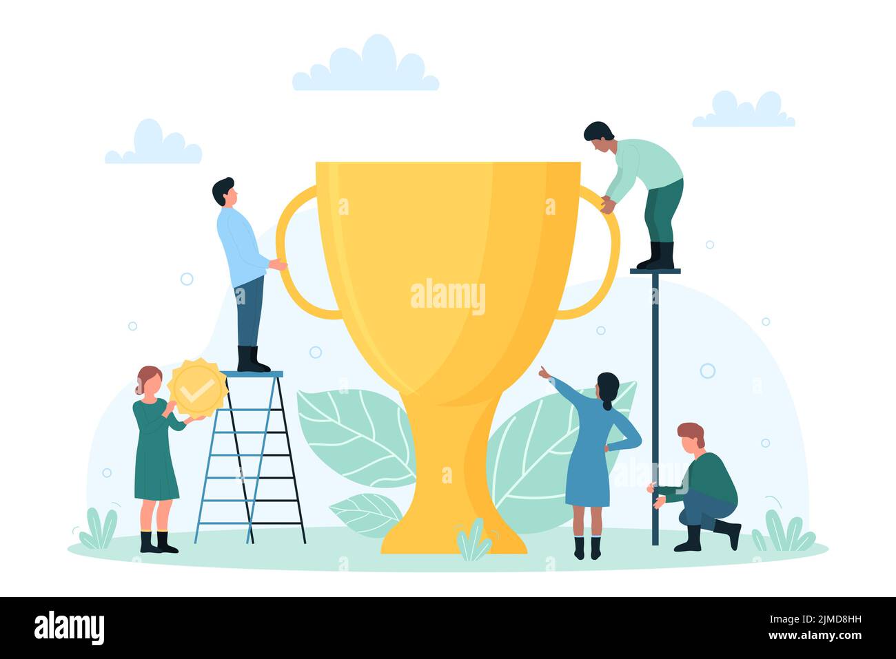 Reward of winner, gold cup trophy of tiny people. Cartoon team of ...