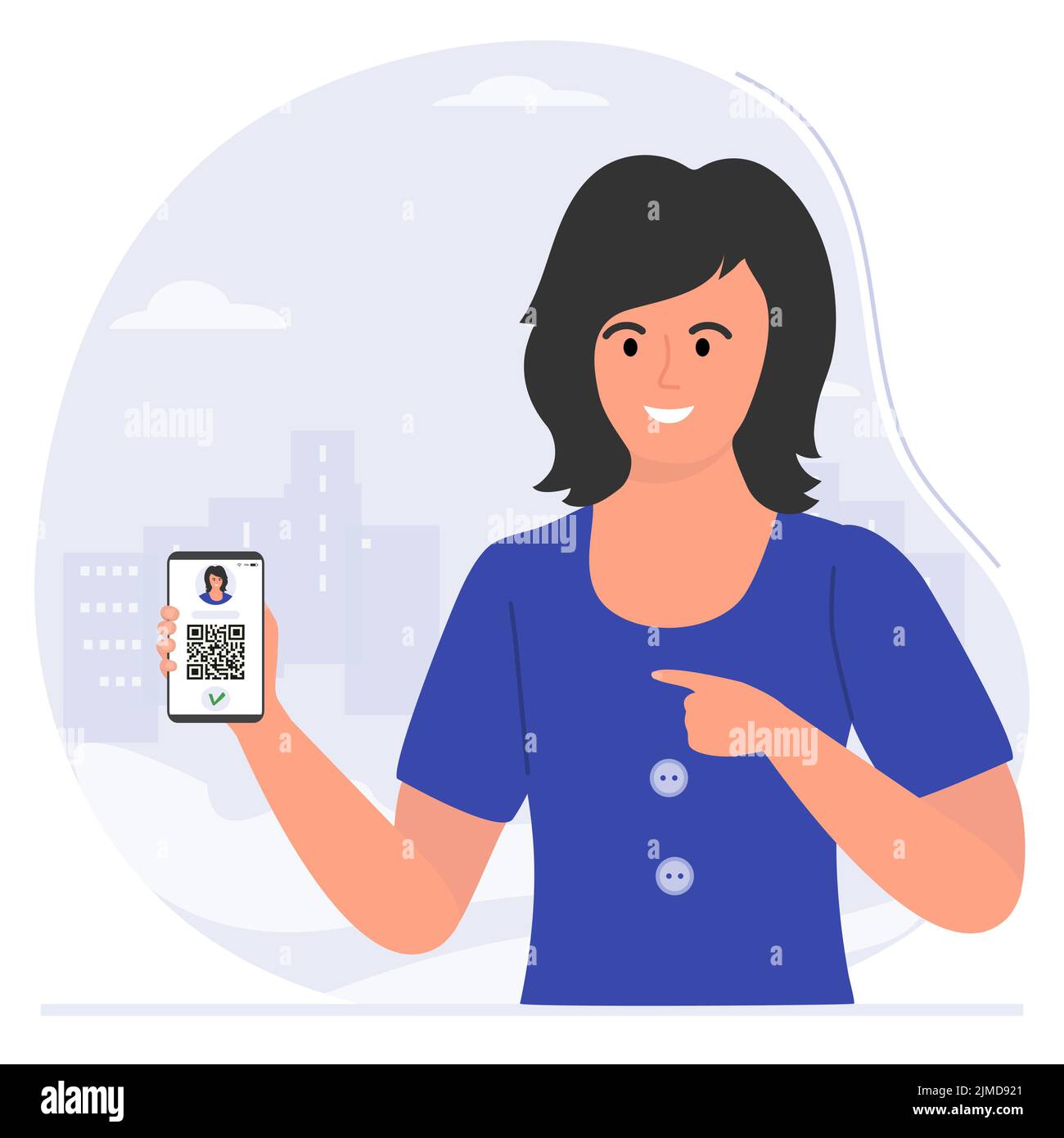 Vector illustration Woman uses cell phone app to scan QR code. Barcode ...