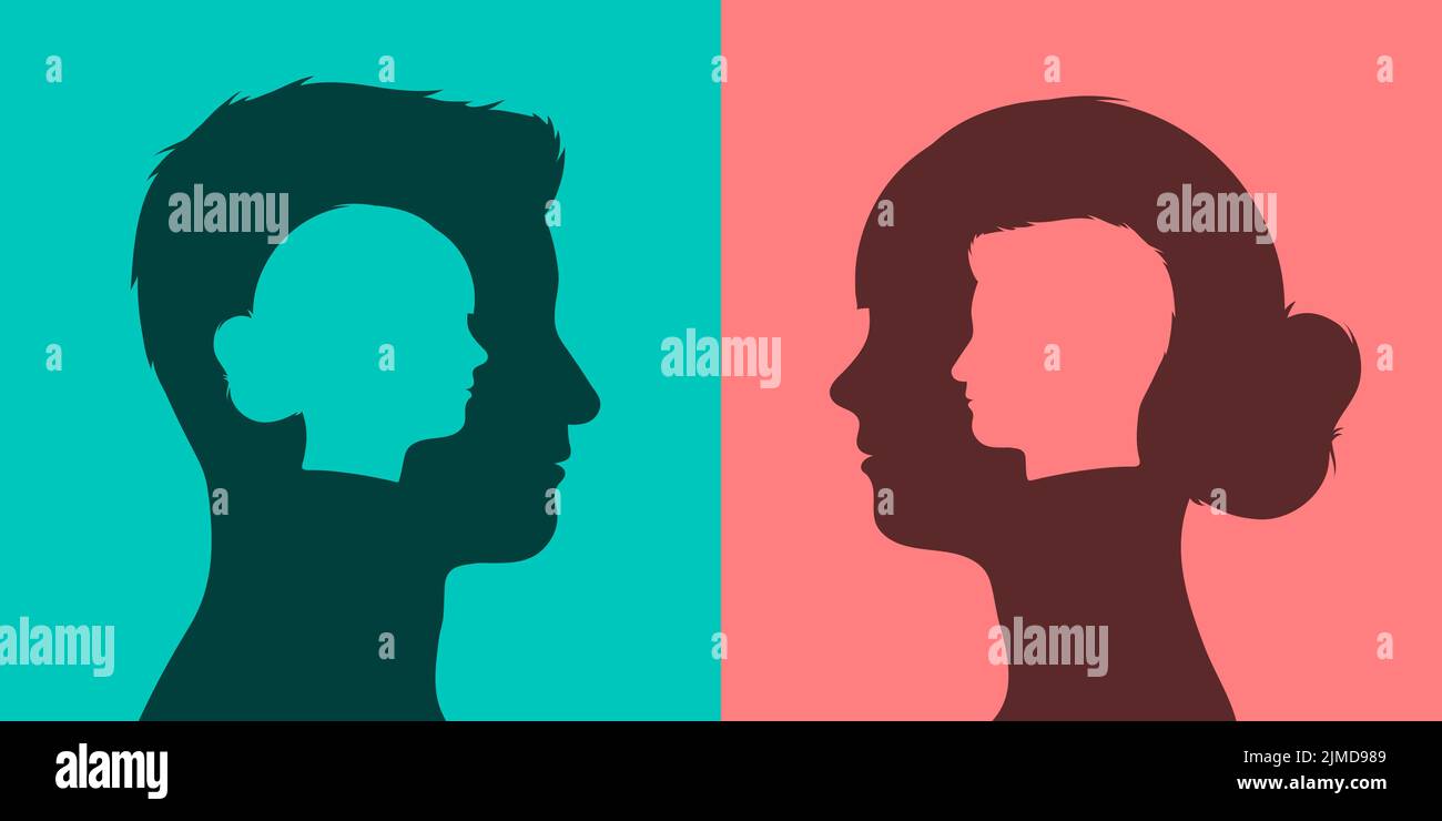 Woman and man head silhouettes exchanging ideas with open mind taking ...