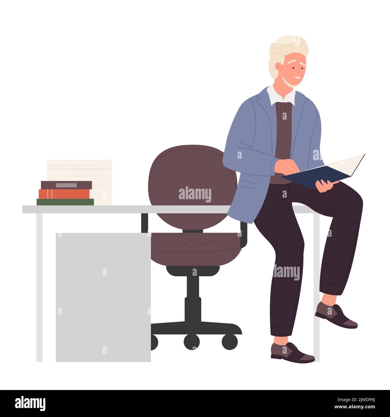 Teacher man at school desk. School professor checking homeworks vector ...