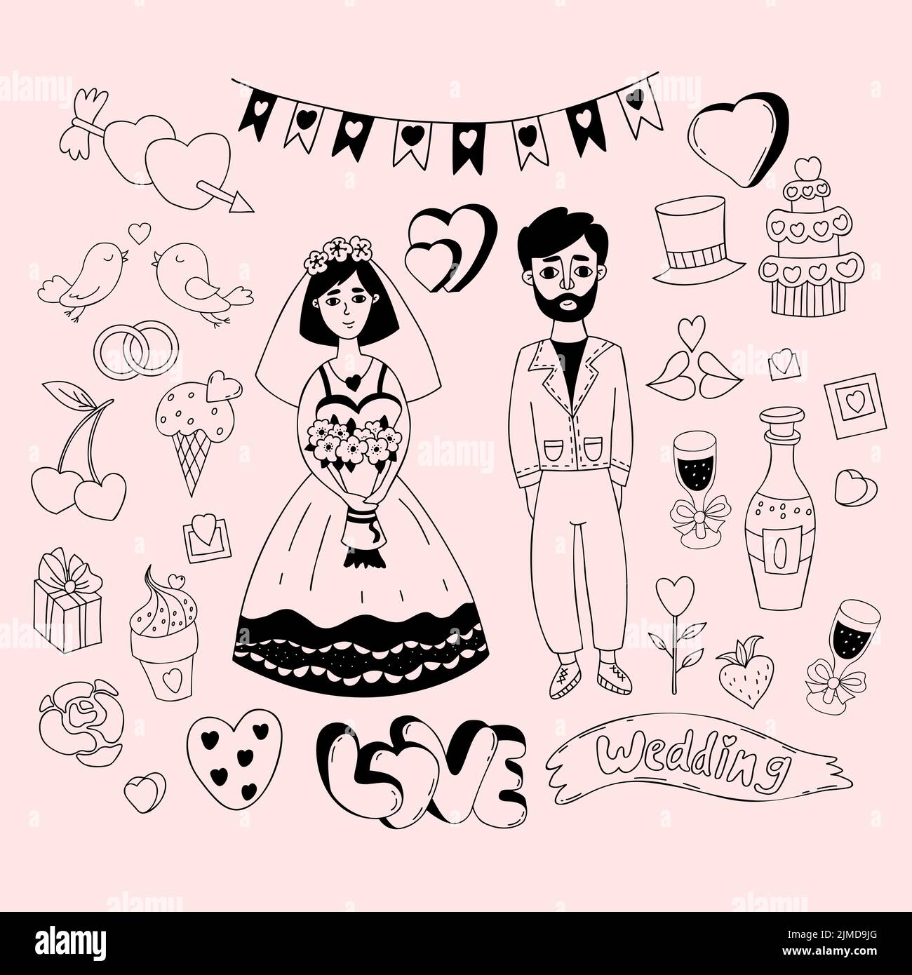 wedding doodles. Newlyweds, bride in wedding dress with veil and ...