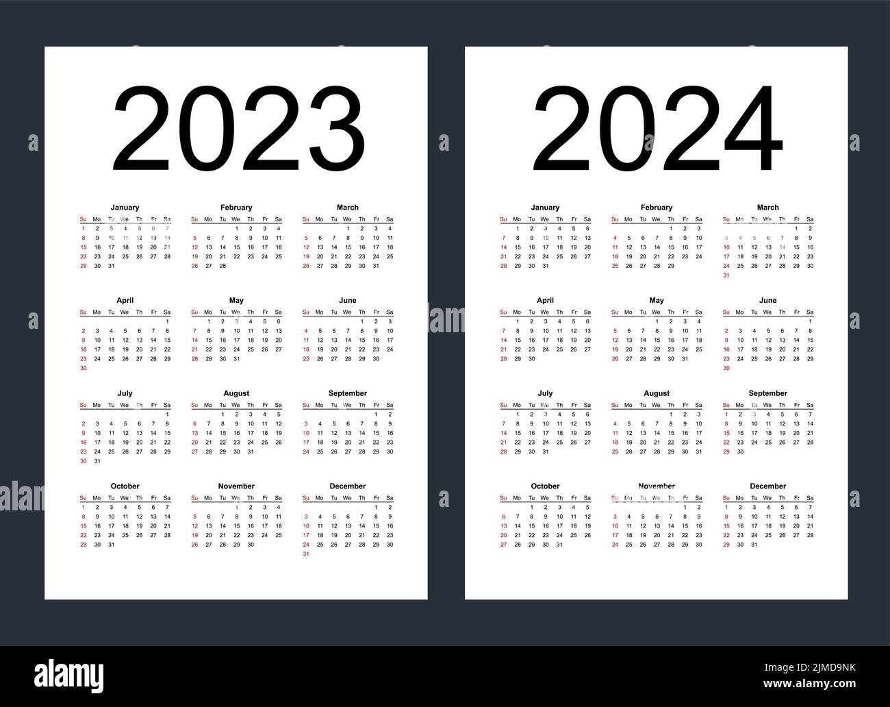 Simple editable vector calendars for year 2023, 2024. Week starts from ...