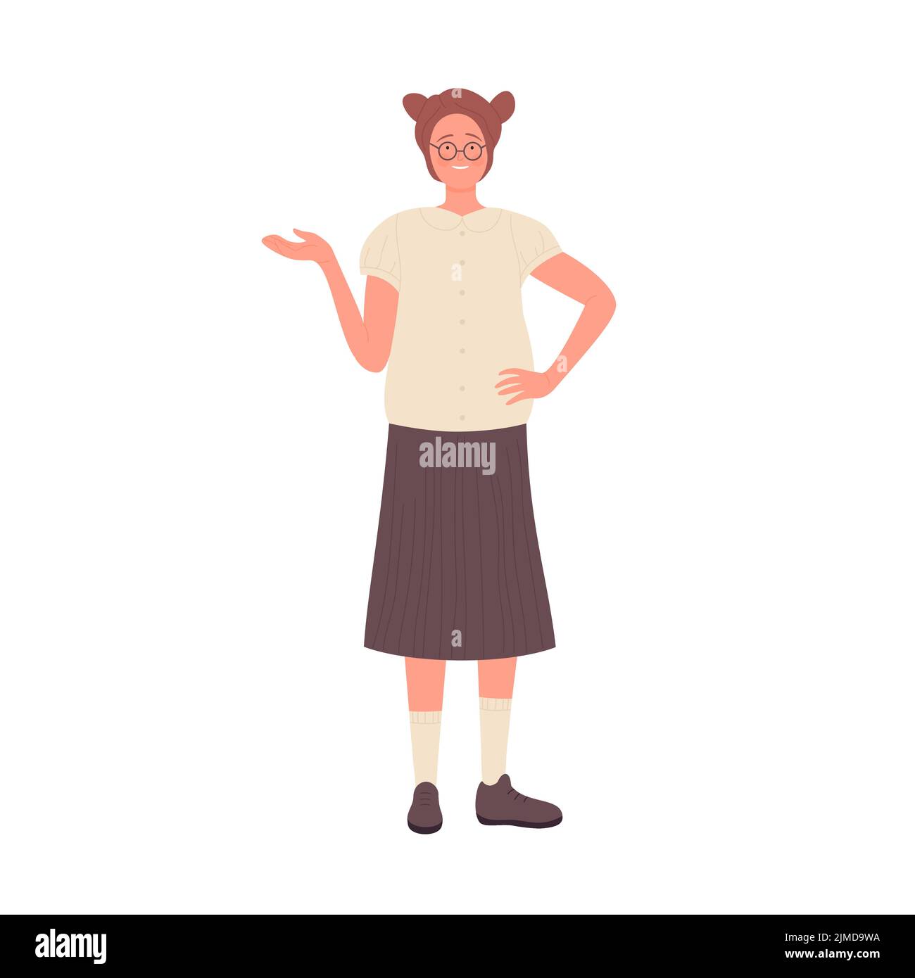 Nerd girl in presenting pose. Geek woman student smiling greeting ...