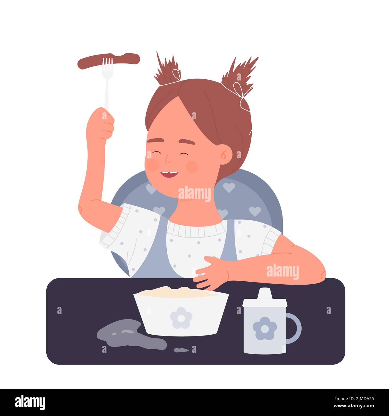 Little girl kid having breakfast. Feeding children table and chair ...