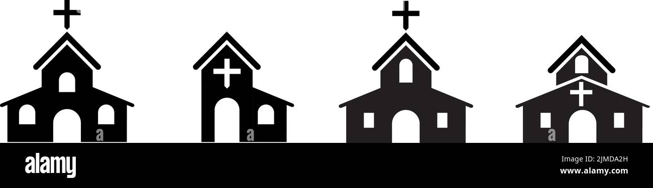 A row of different designs of churches isolated on a white background ...