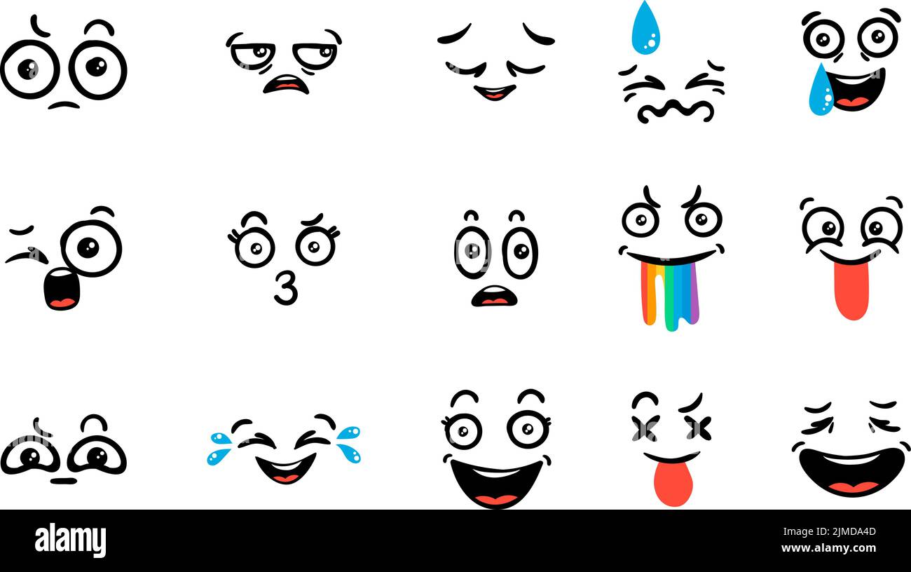 Various Cartoon Emoticons Set. Doodle faces, eyes and mouth. Caricature ...