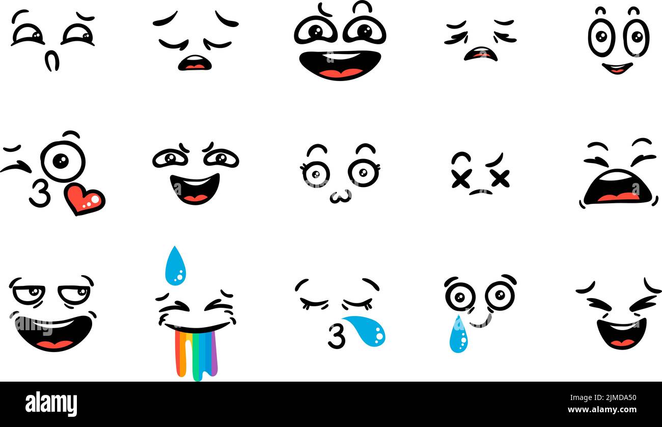 Various Cartoon Emoticons Set. Doodle faces, eyes and mouth. Caricature ...