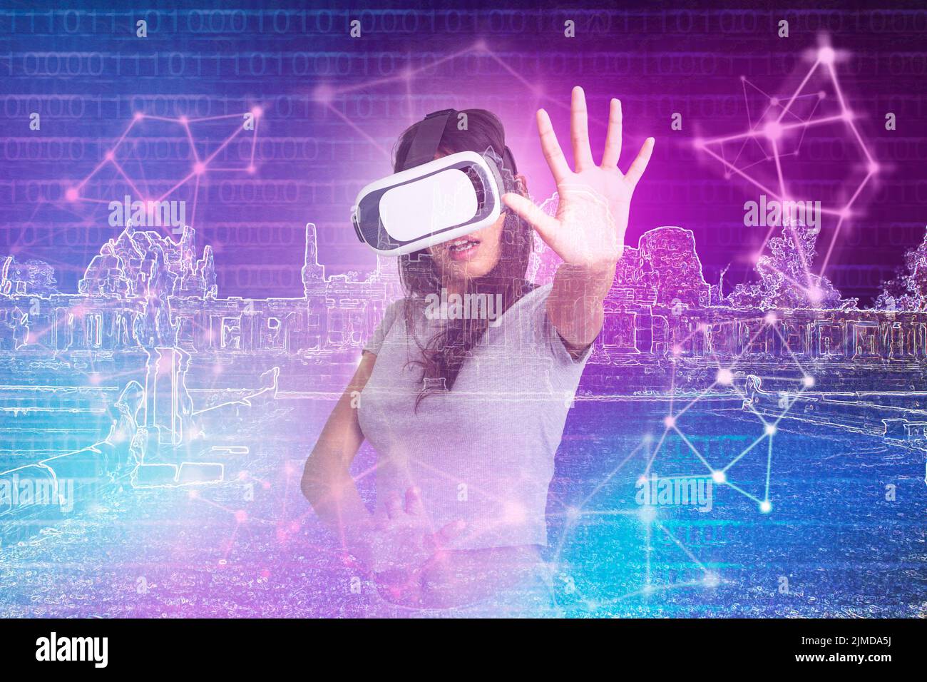 Woman using technology of 3D camera enjoys virtual simulation of ...