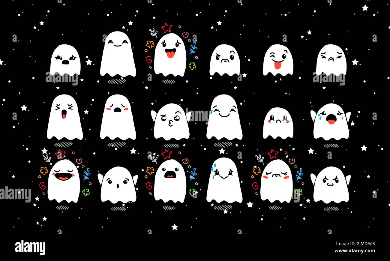 Set of Various Cartoon Ghosts with Emoticons. Doodle ghouls, eyes and ...
