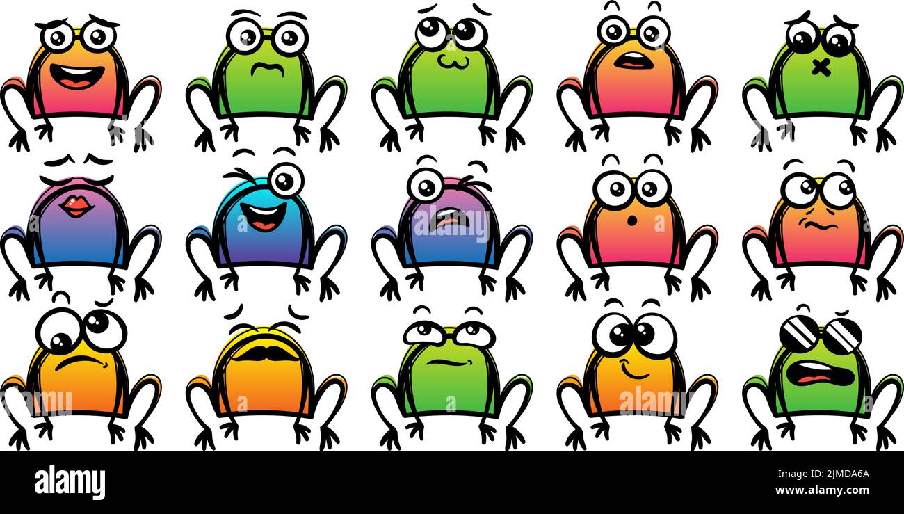 Various Cartoon Frogs Set. Doodle faces, eyes and mouth. Caricature ...