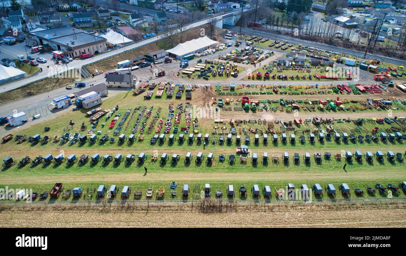Aerial View of an Amish Mud Sale with Lots of Buggies and Farm ...