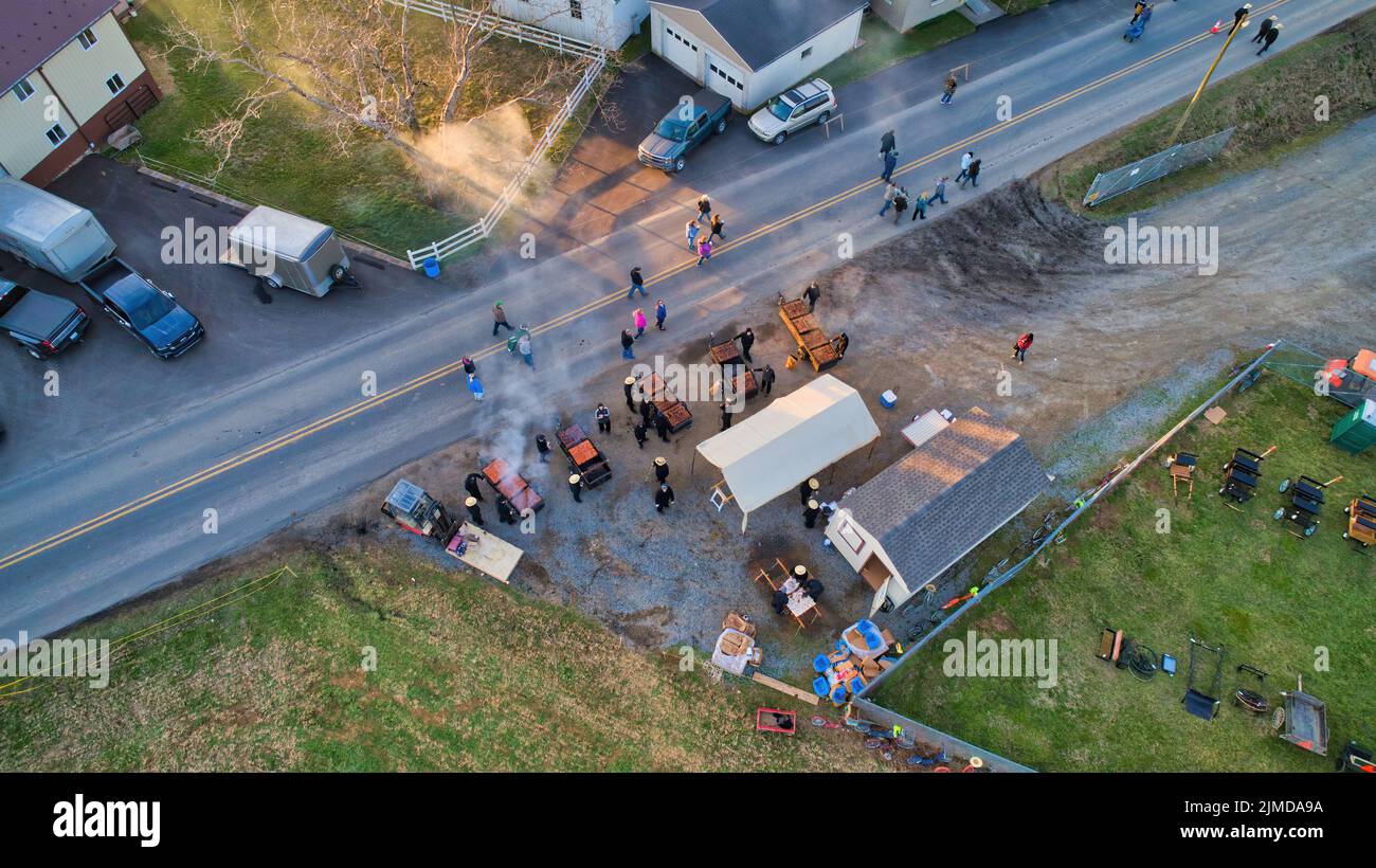 Aerial View of an Amish Mud Sale with Lots of Buggies and Farm ...