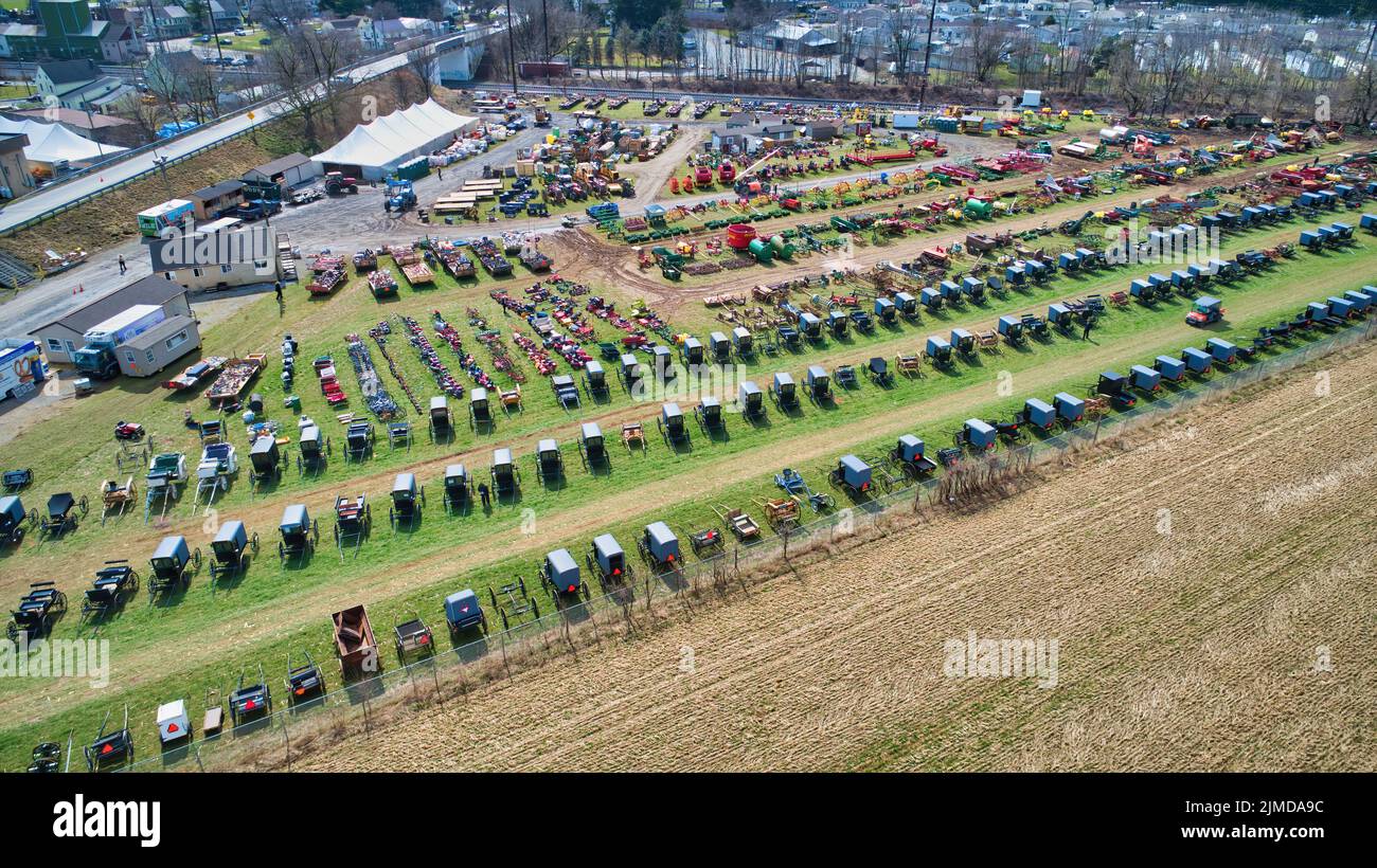 Aerial View of an Amish Mud Sale with Lots of Buggies and Farm ...