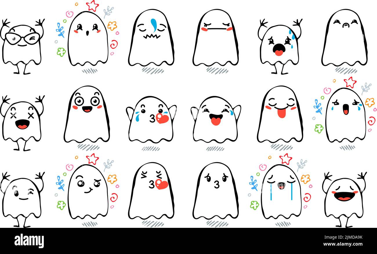 Set of Various Cartoon Ghosts with Emoticons. Doodle ghouls, eyes and ...