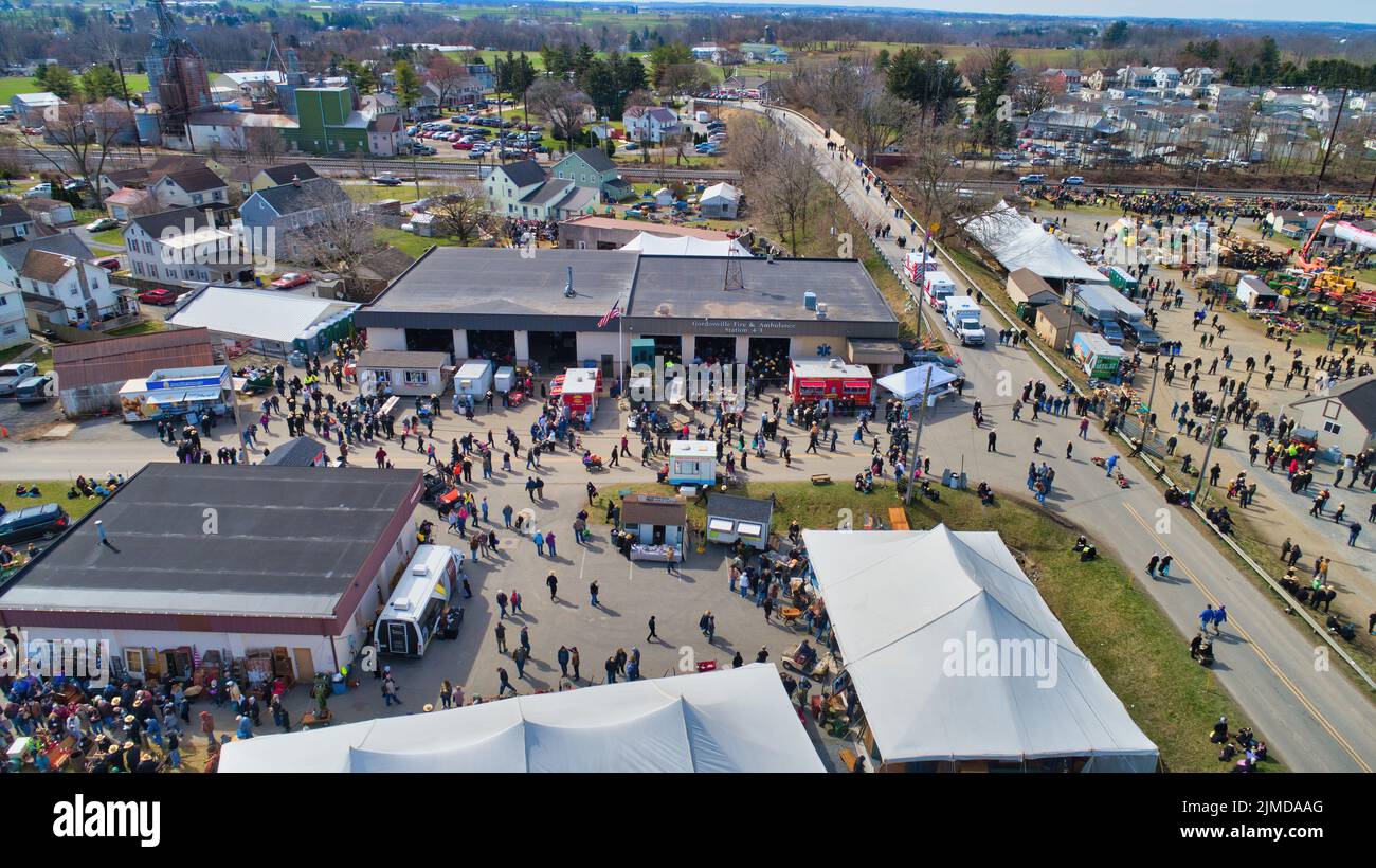 Aerial View of an Amish Mud Sale with Lots of Buggies and Farm ...