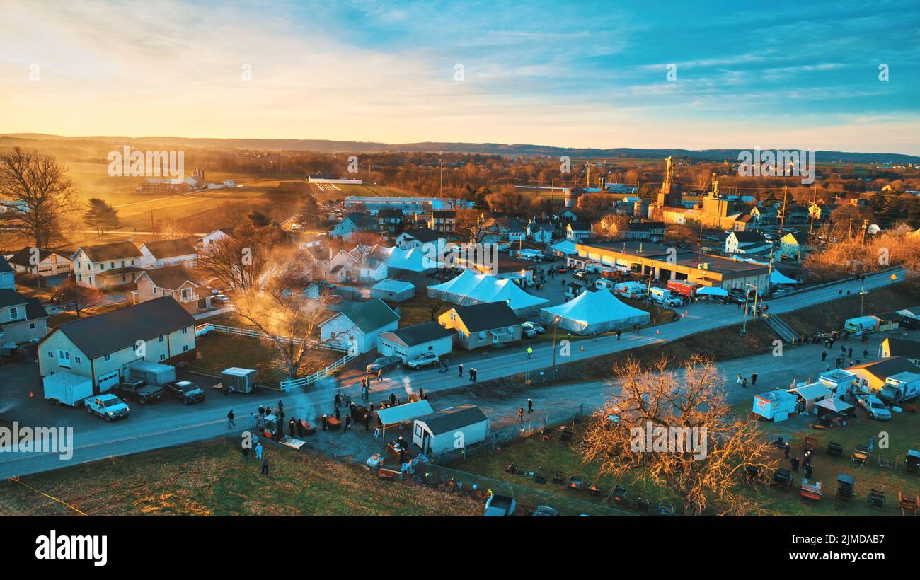 Aerial View of an Amish Mud Sale with Lots of Buggies and Farm ...