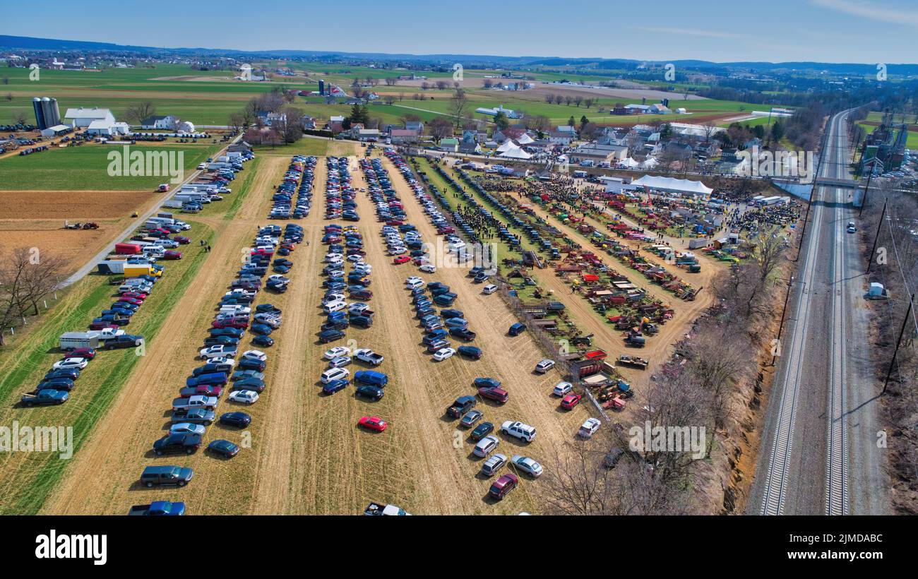 Aerial View of an Amish Mud Sale with Lots of Buggies and Farm ...