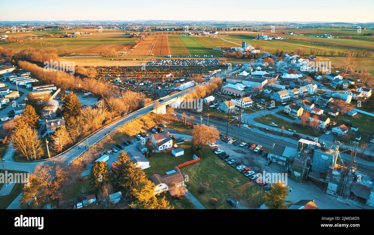 Aerial View of an Amish Mud Sale with Lots of Buggies and Farm ...