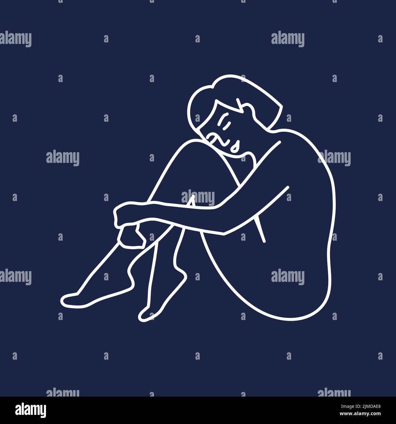 Abstract woman sitting pose on dark blue background. White outline ...