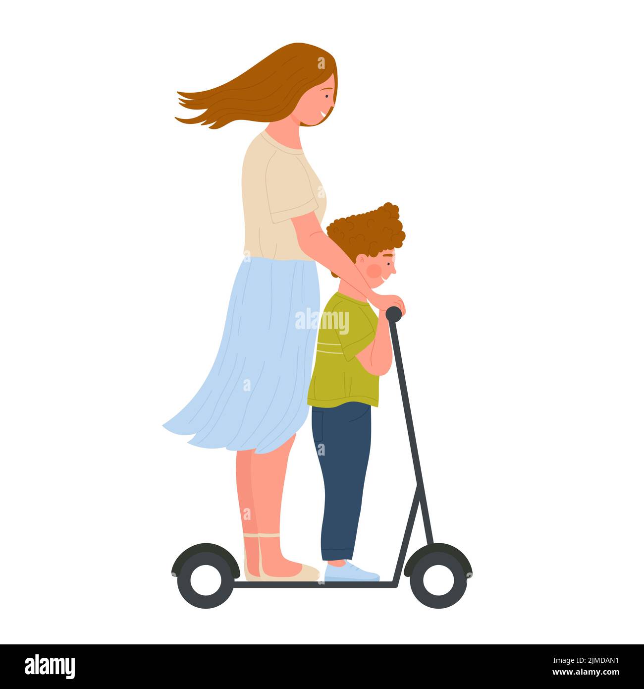 Mother and son on electric scooter. Mom teaching her child riding bike ... Mother and son on electric scooter. Mom teaching her child riding bike ...