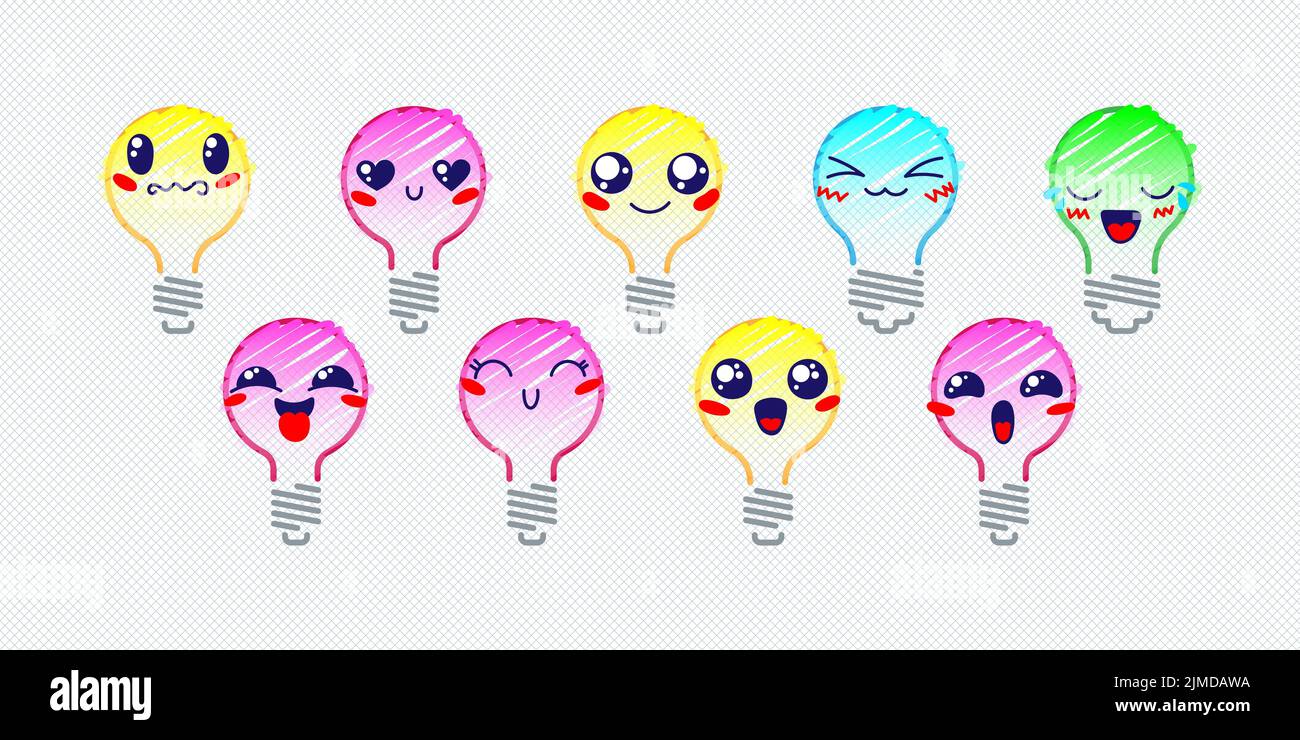Set of Various Cartoon Bulbs with Emoticons. Doodle lightbulb, ideas ...