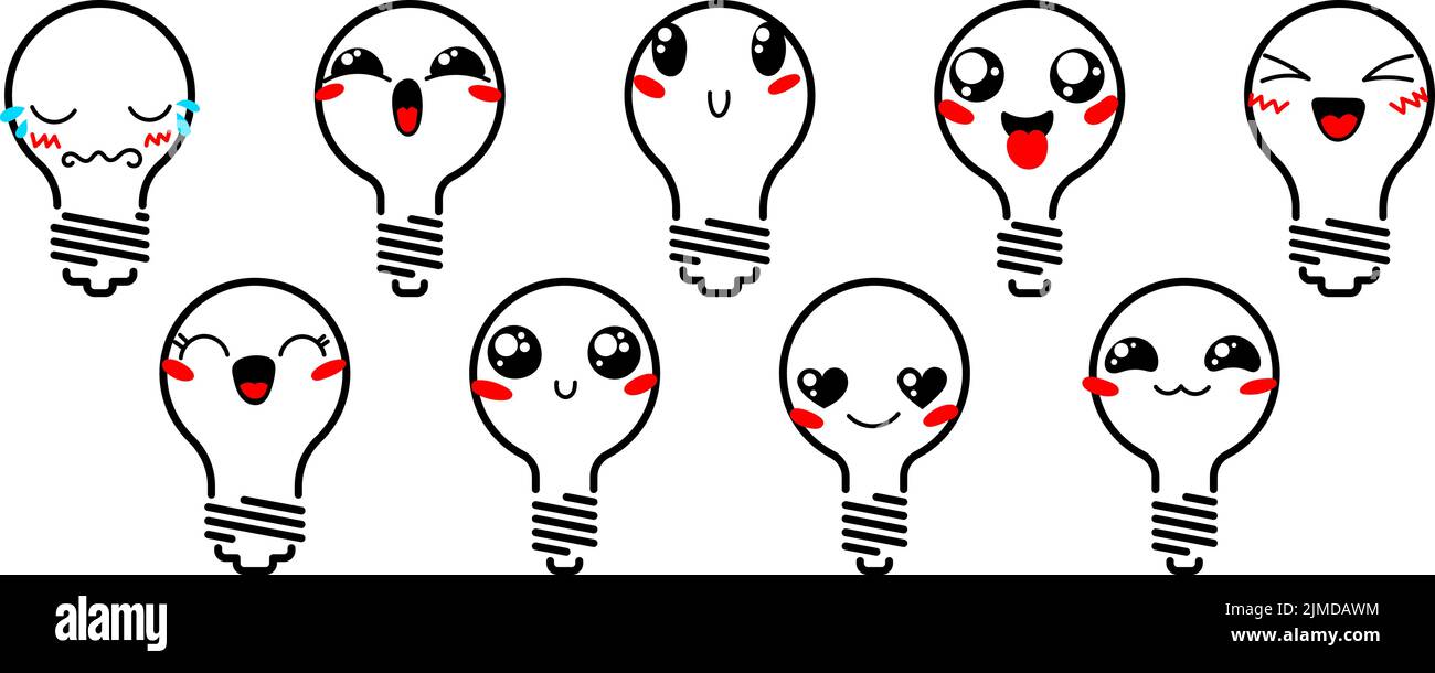 Set of Various Cartoon Bulbs with Emoticons. Doodle lightbulb, ideas ...