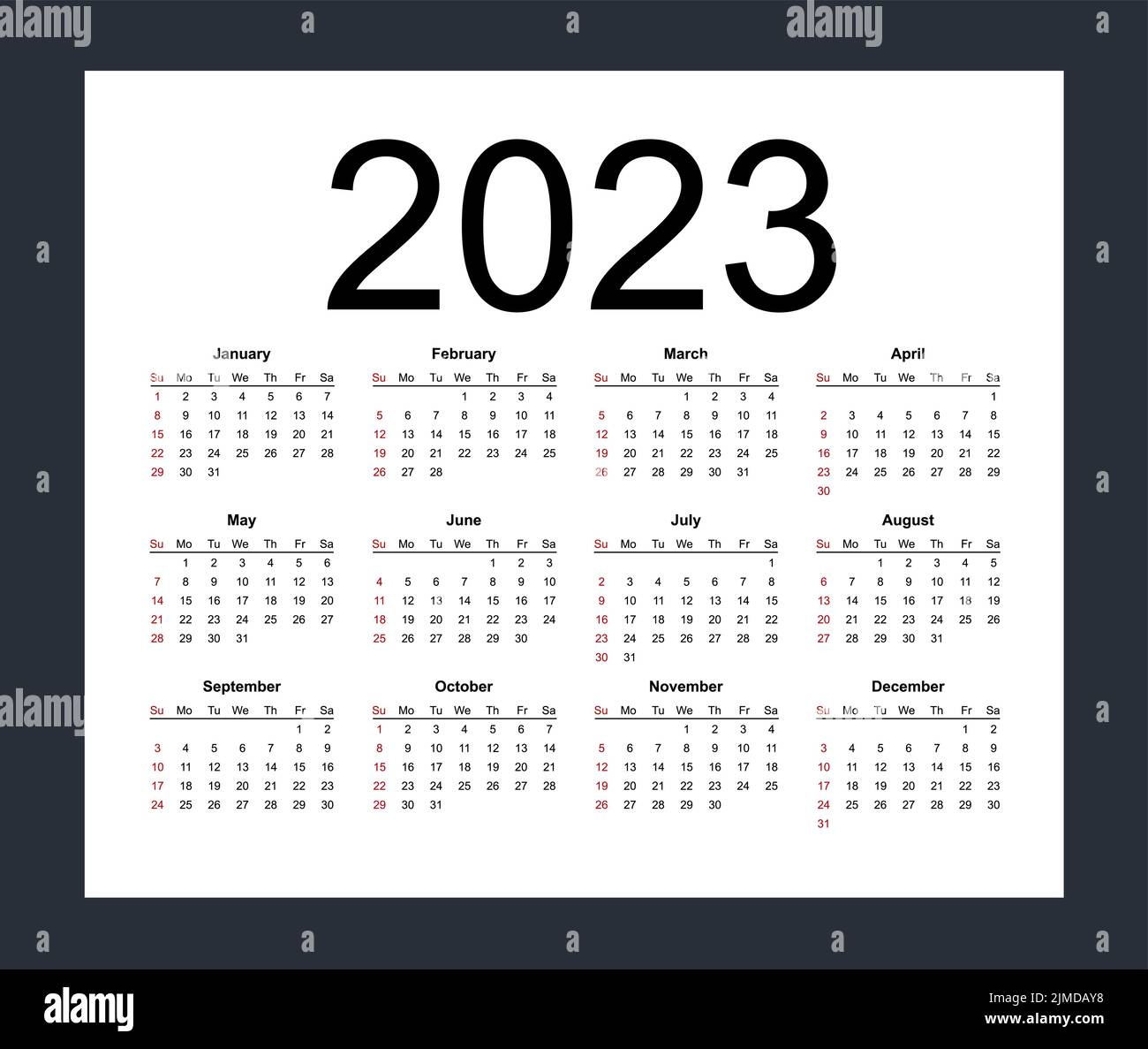 Calendar template for 2023 year. Week starts from Sunday. Isolated ...