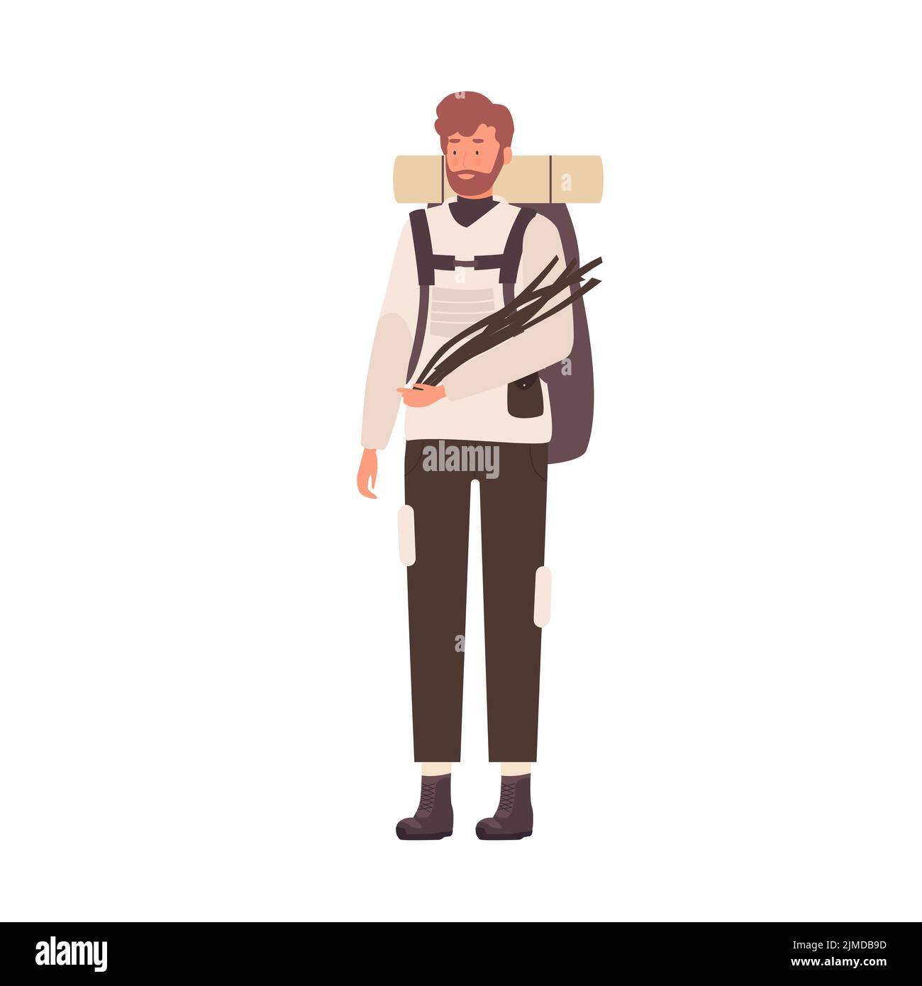 Male tourist with campfire equipment. Hiking man carrying backpack ...