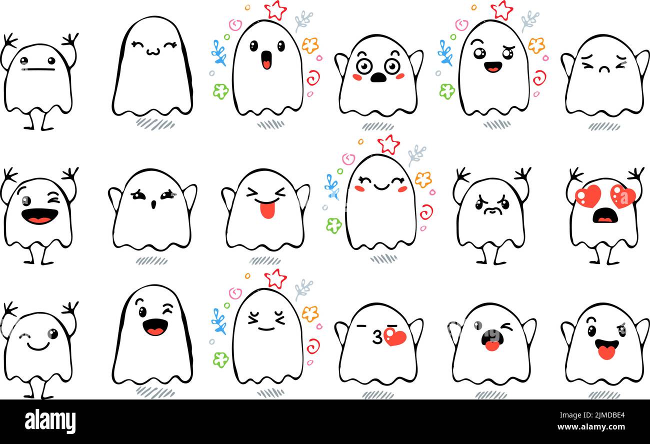Set of Various Cartoon Ghosts with Emoticons. Doodle ghouls, eyes and ...