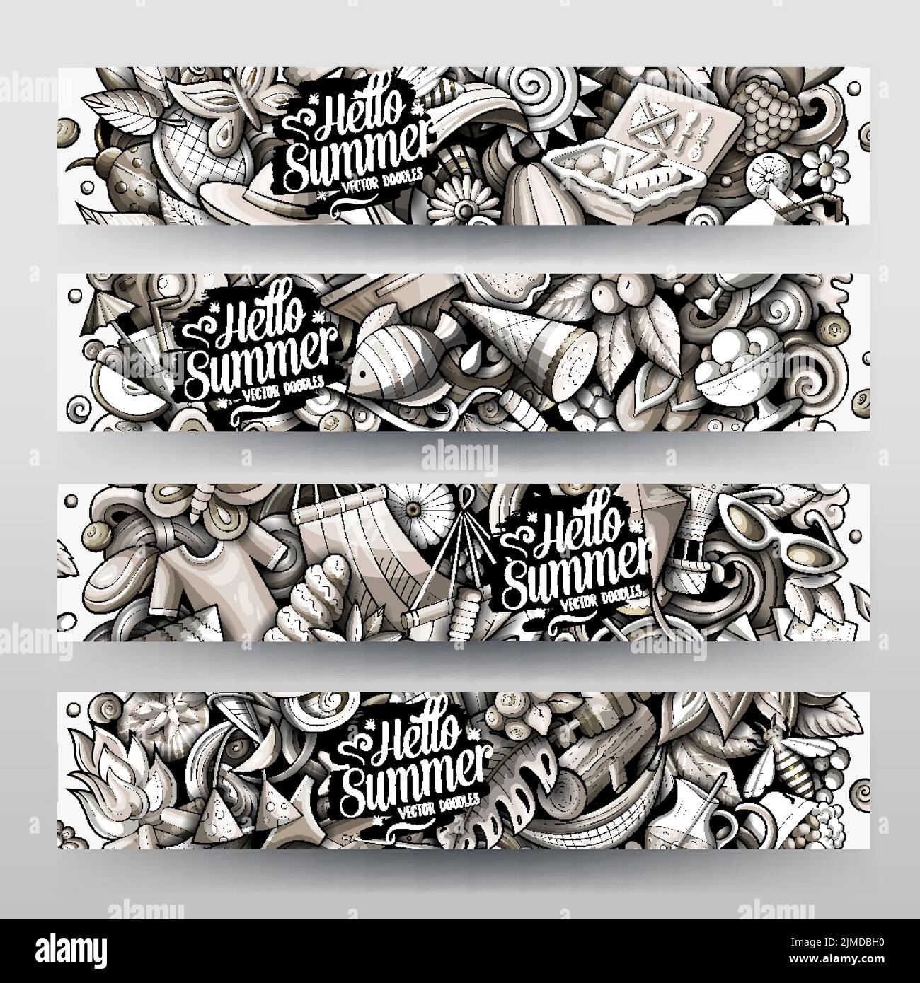 Cartoon cute doodles Summer horizontal banners set Stock Vector Image ...