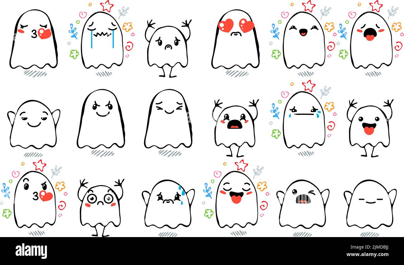 Set of Various Cartoon Ghosts with Emoticons. Doodle ghouls, eyes and ...