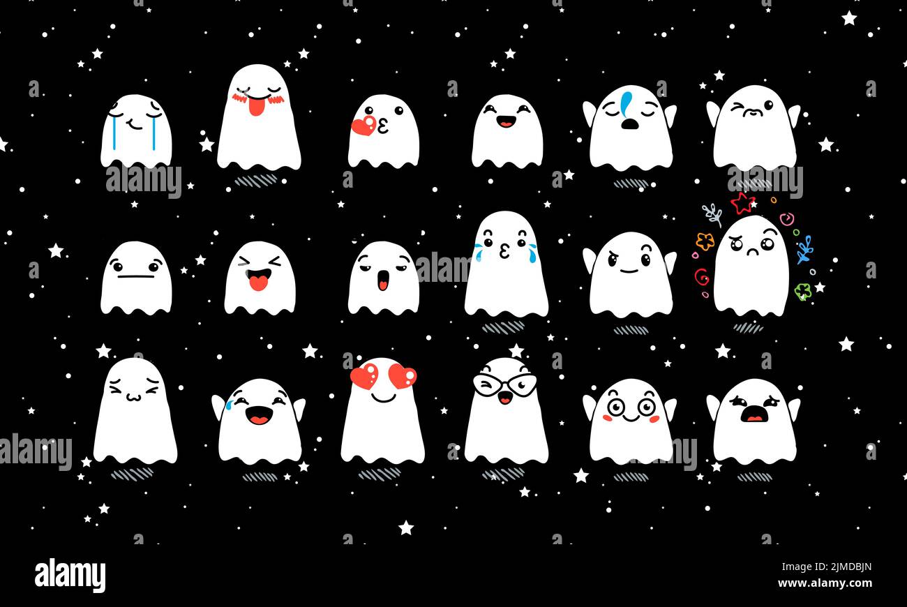 Set of Various Cartoon Ghosts with Emoticons. Doodle ghouls, eyes and ...