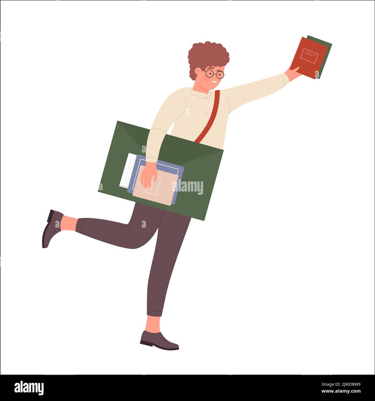 Running nerd boy with school materials. Geek smart boy in a hurry ...