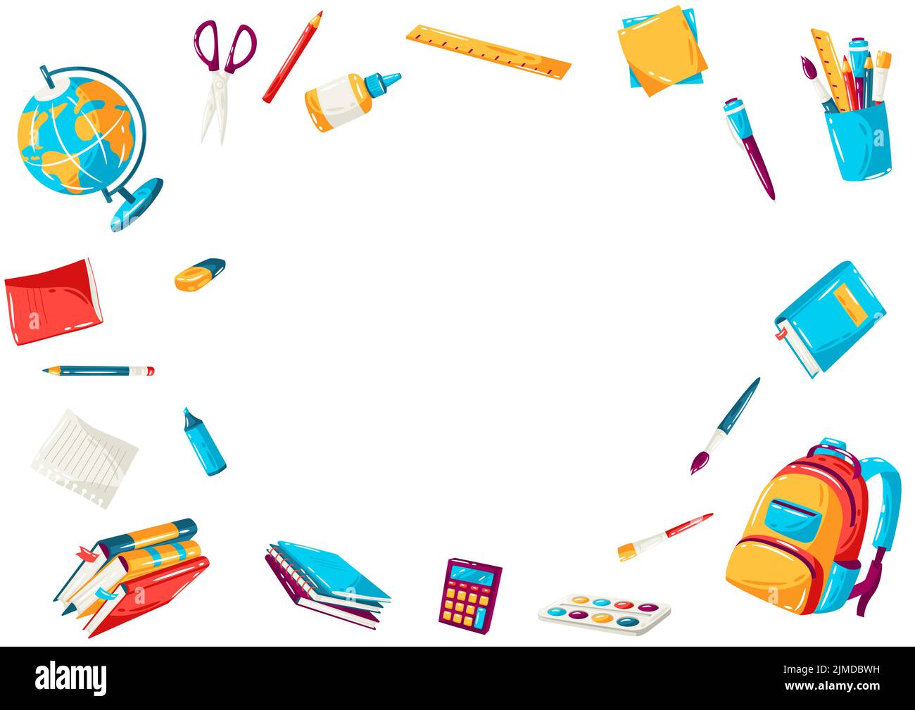 School frame with education items. Illustration of colorful supplies ...