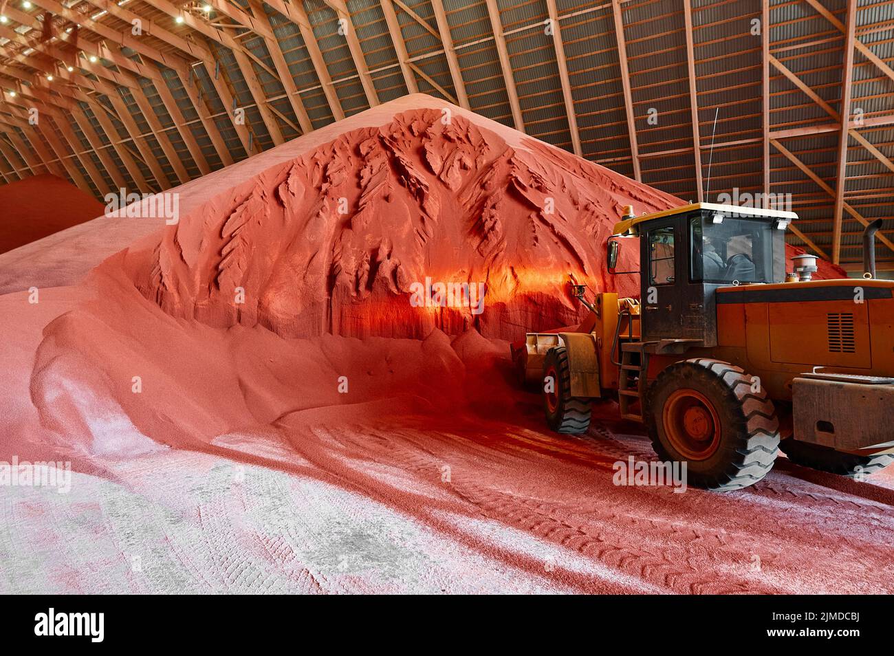 Excavator collects red potassium agricultural fertilizers Stock Photo ...