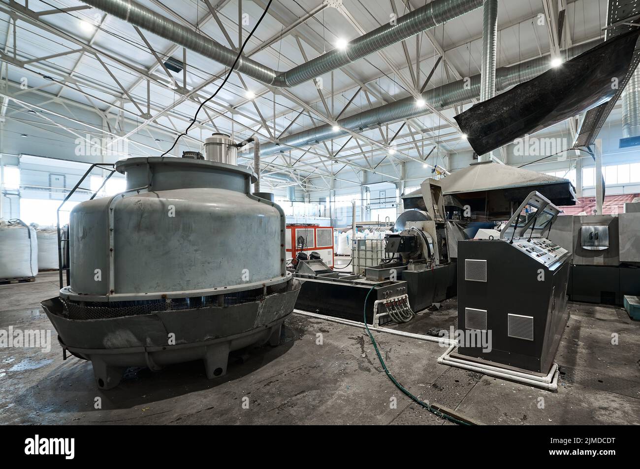 Plastic granulation line. Processing chopped PET plastic into granules ...