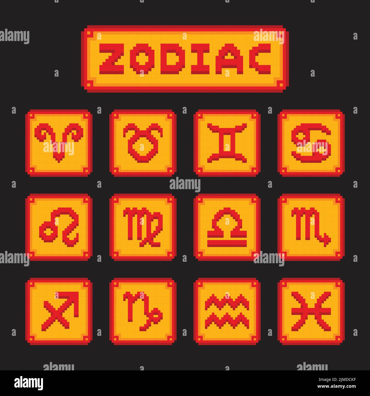 A pixel art vector of zodiac signs emblem in red and yellow on the dark ...