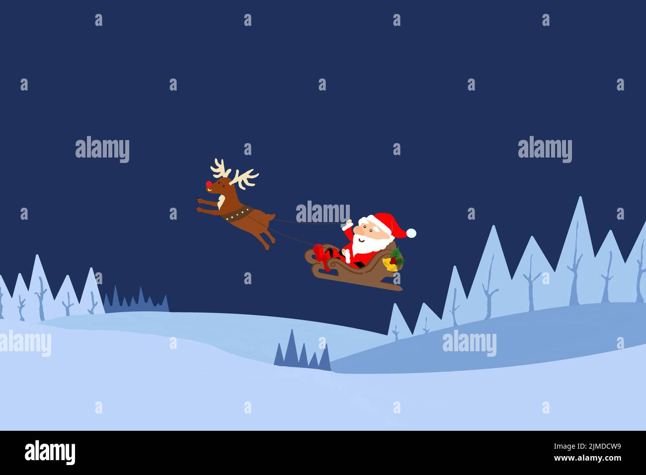 Happy Santa in his Christmas sled being pulled by reindeer Stock Photo ...