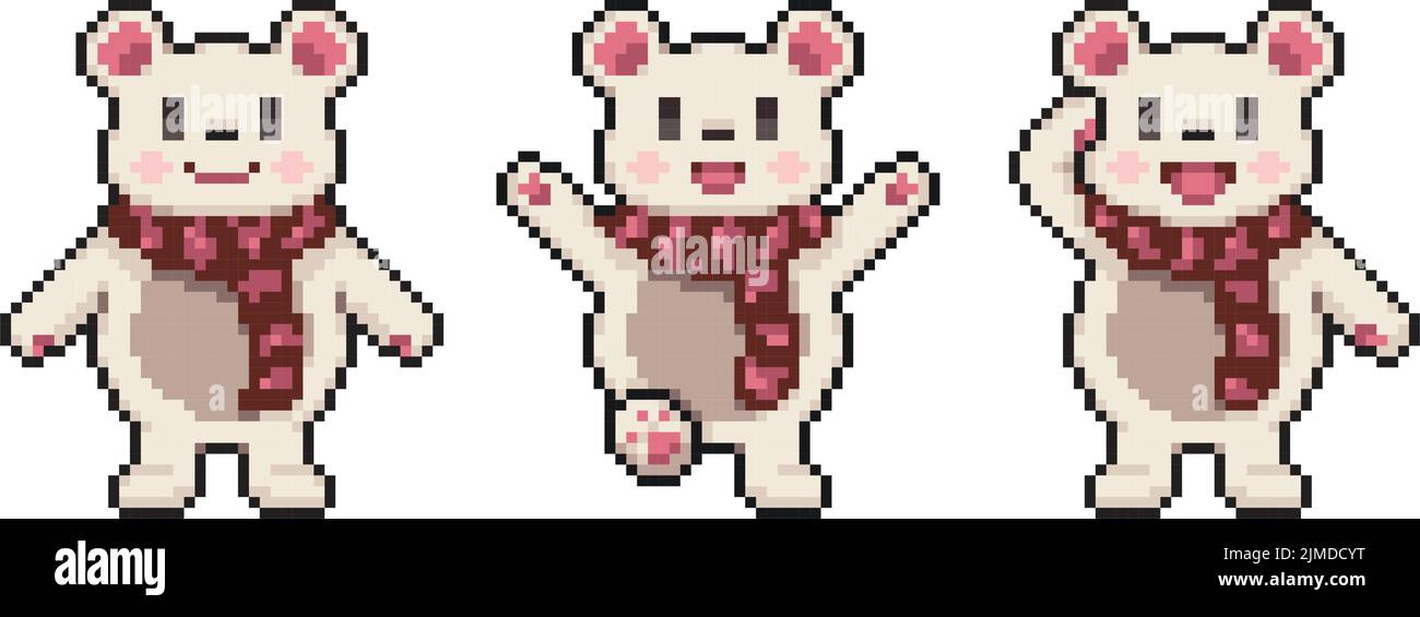A pixel art vector illustration of three white polar bears wearing ...