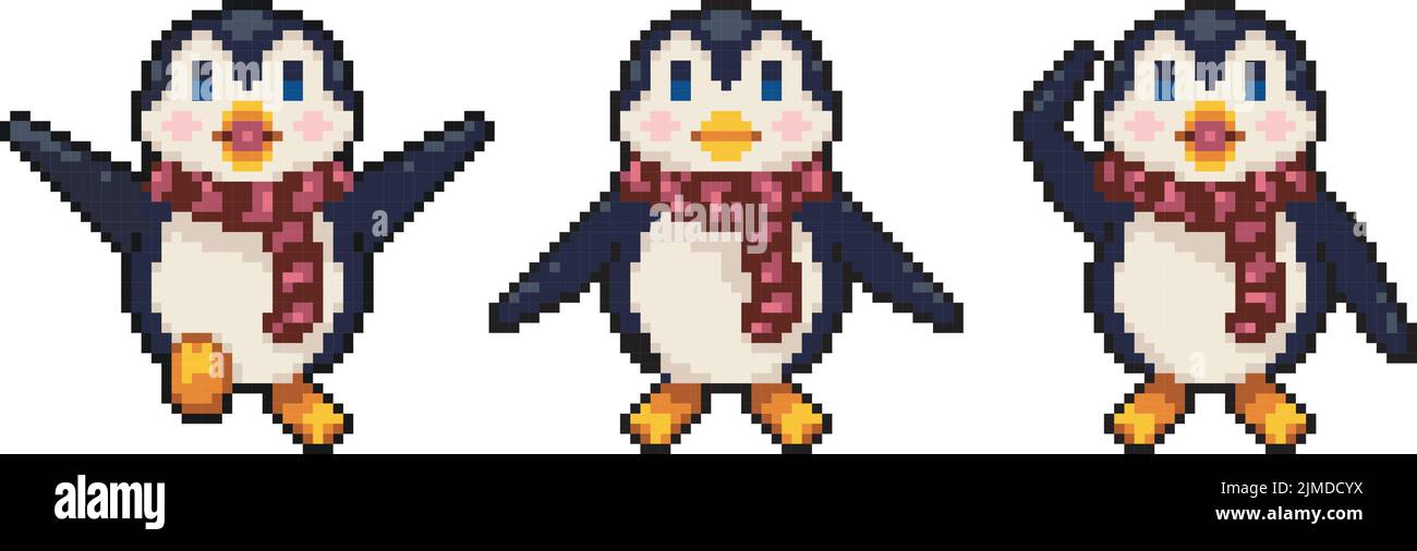A pixel art vector of three penguins wearing scarves on the white ...