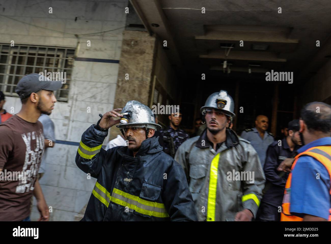Gaza, Palestine. 05th Aug, 2022. Palestinian firefighters gather near a ...