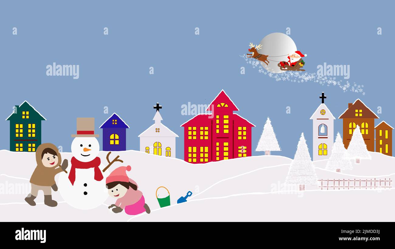 Santa Claus, sleigh fly over the forest, house, snowman. Christmas card, invitation, background ...