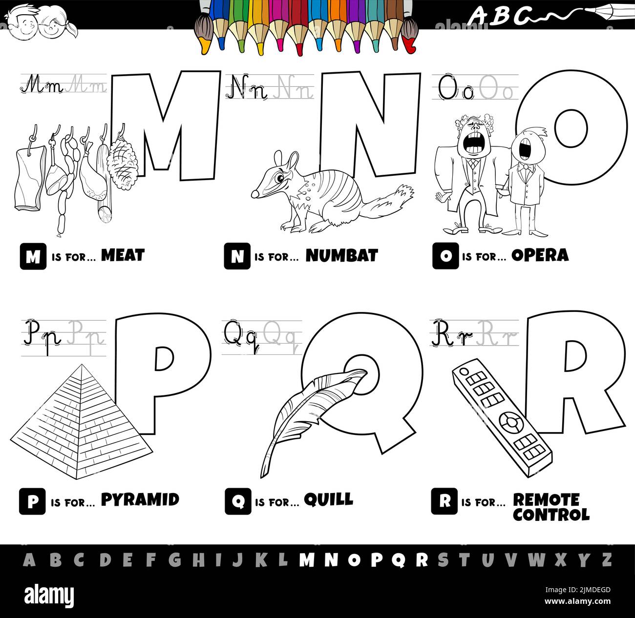 Black and white cartoon illustration of capital letters from alphabet ...