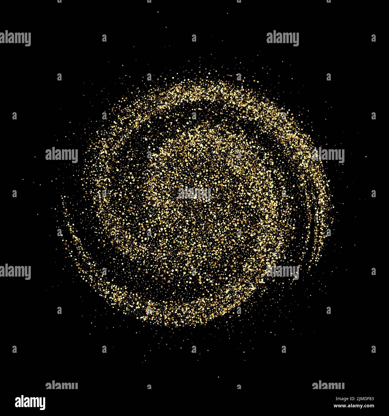 Golden glitter particles rotate in a circle on a black background. A ...