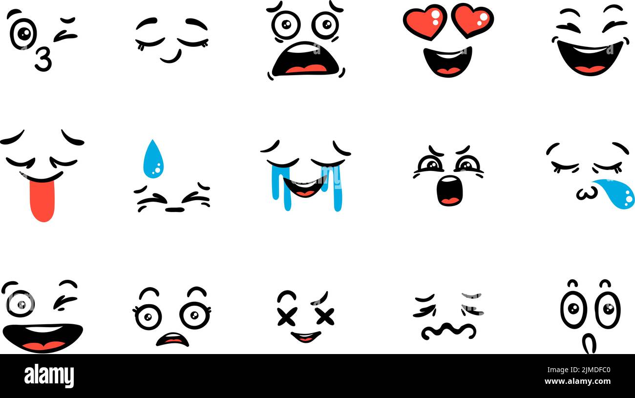 Various Cartoon Emoticons Set. Doodle faces, eyes and mouth. Caricature ...
